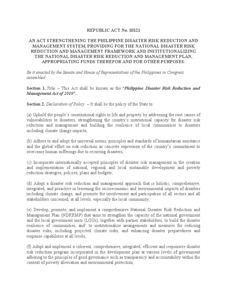 Republic Act No 10121 | PDF | Disaster Risk Reduction | Emergency ...