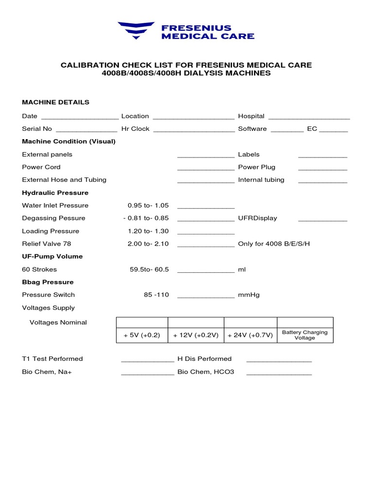 Fresenius 4008 Calibration Checklist | PDF | Manufactured Goods ...