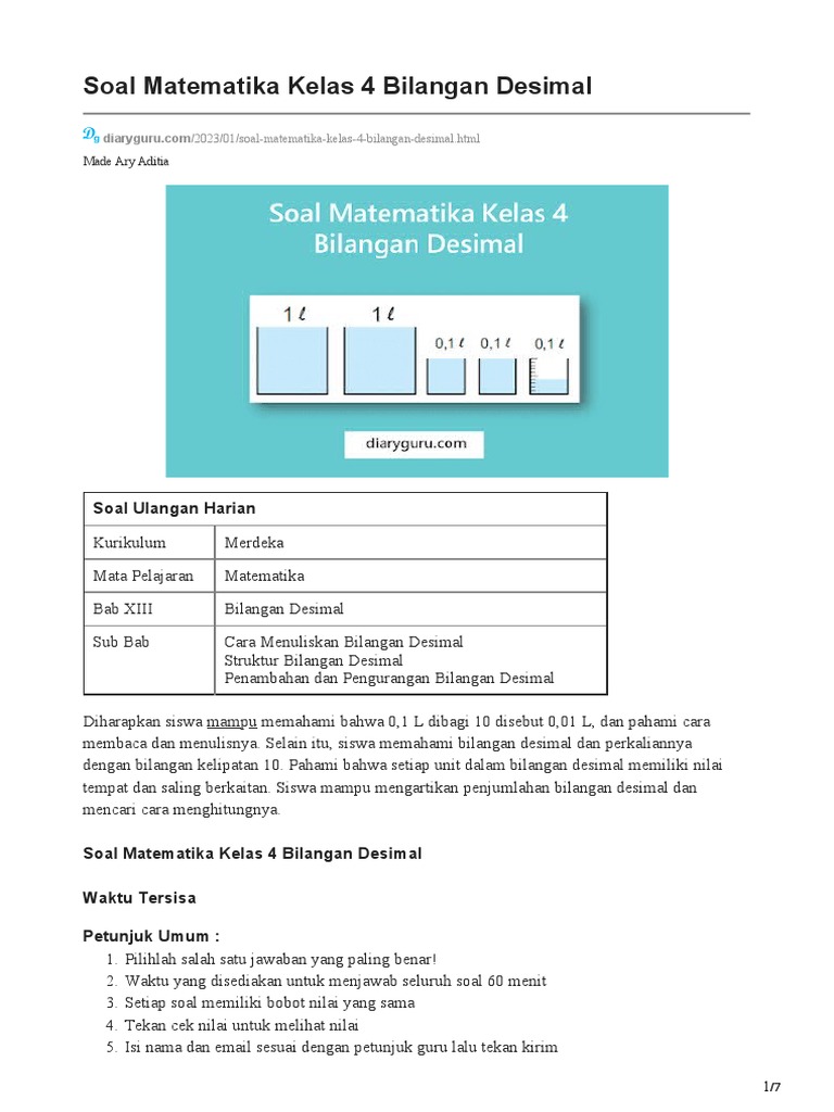 Soal Matematika Kelas 4 Bilangan Desimal | PDF | Karier & Perkembangan | Griya & Taman