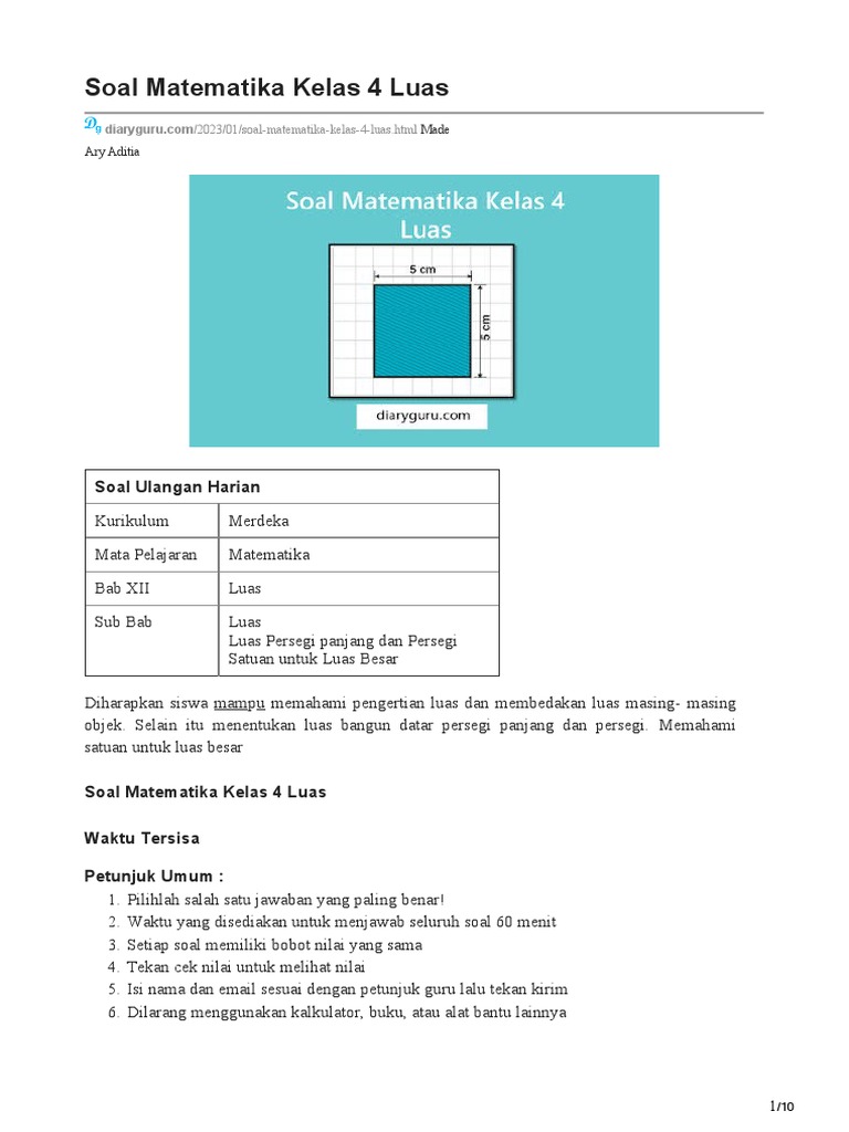 Soal Matematika Kelas 4 Luas | PDF