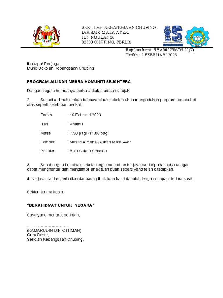 Surat Makluman Program Jalinan Mesra Komuniti Sejahtera | PDF