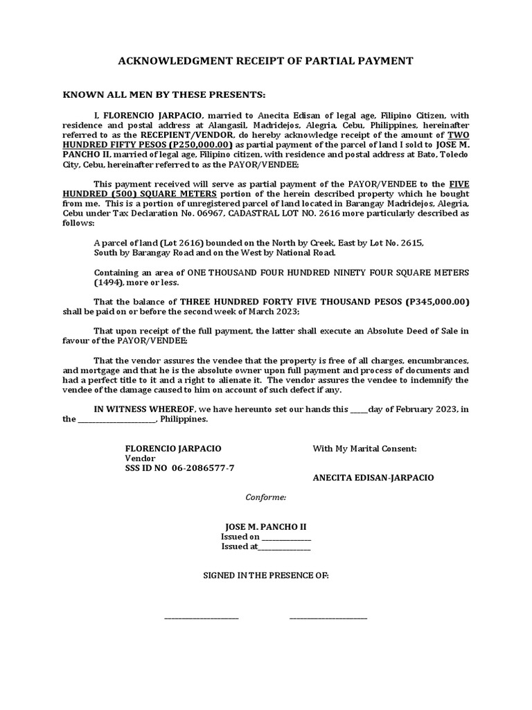 Acknowledgment Receipt of Partial Payment | PDF | Common Law | Property Law