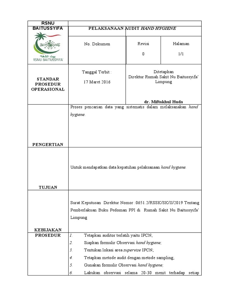 0003 Pelaksanaan Audit Hand Hygiene | PDF