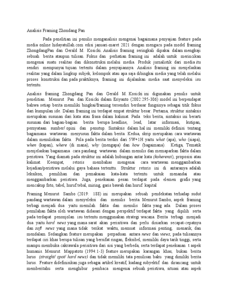 ANALISIS FRAMING MODEL ZHONGDANG PAN DAN GERALD M. KOSICKI UNTUK MENGKAJI PENYAJIAN FEATURE DI ...