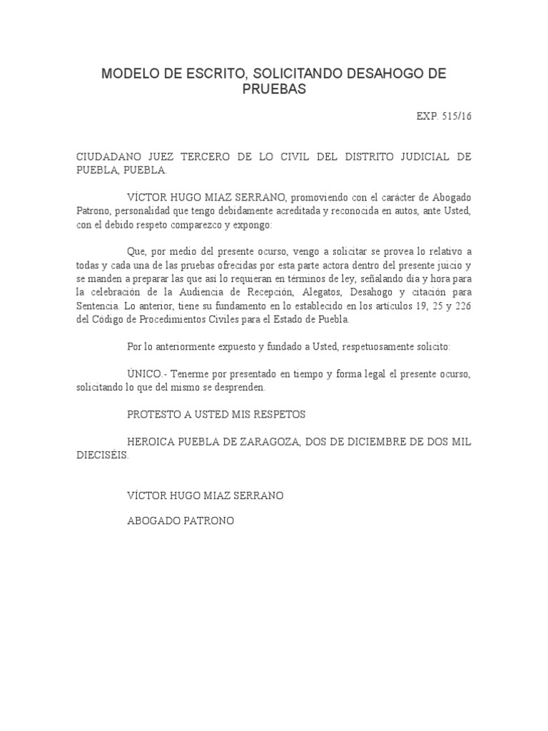 Modelo de Escrito de Desahogo de Pruebas | PDF | Justicia | Crimen y ... Modelo de Escrito de Desahogo de Pruebas | PDF | Justicia | Crimen y ...