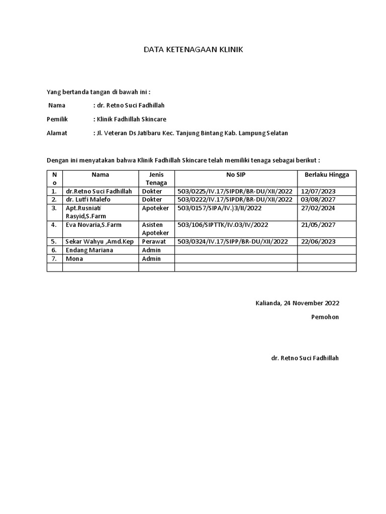Data Ketenagaan Klinik | PDF