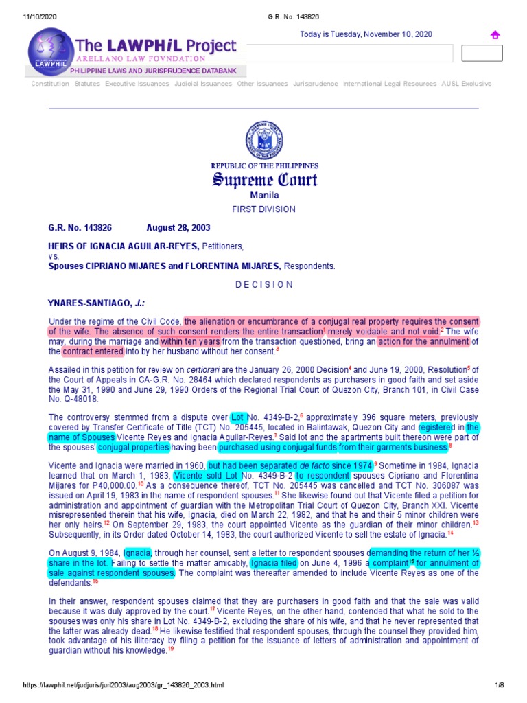 Annulment of Sale: Ignacia Aguilar-Reyes Case | PDF | Annulment | Damages