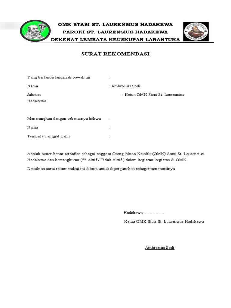 Surat Rekomendasi Omk Stasi St. Laurensius Hadakewa | PDF
