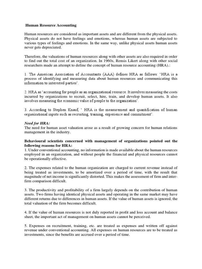 Human Resource Accounting Overview | PDF | Valuation (Finance) | Human ...