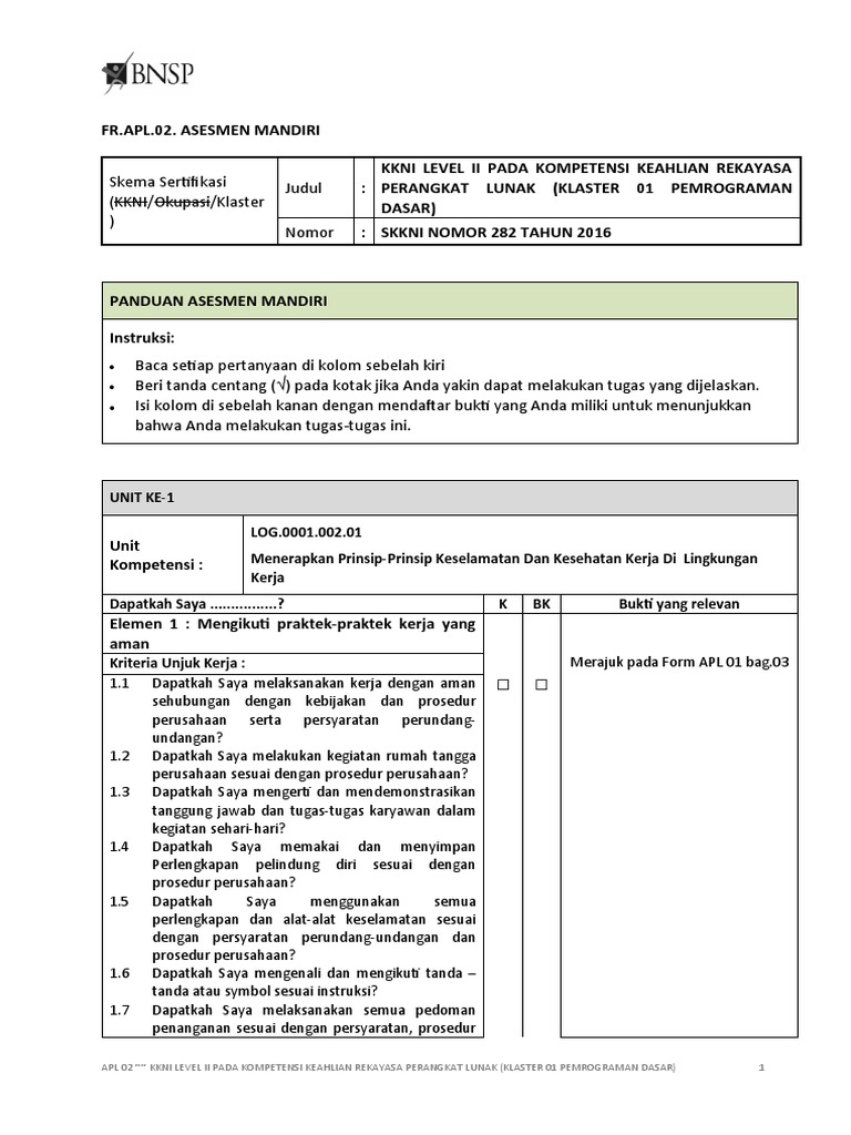 02 FR - Apl.02. Asesmen Mandiri (Cluster 1) | PDF