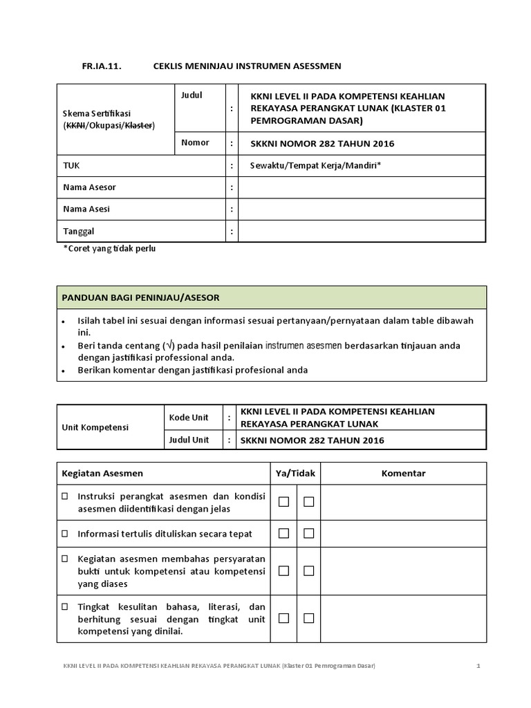 10 FR - Ia.11 Ceklis Meninjau Instrumen Asessmen (Cluster 1) | PDF