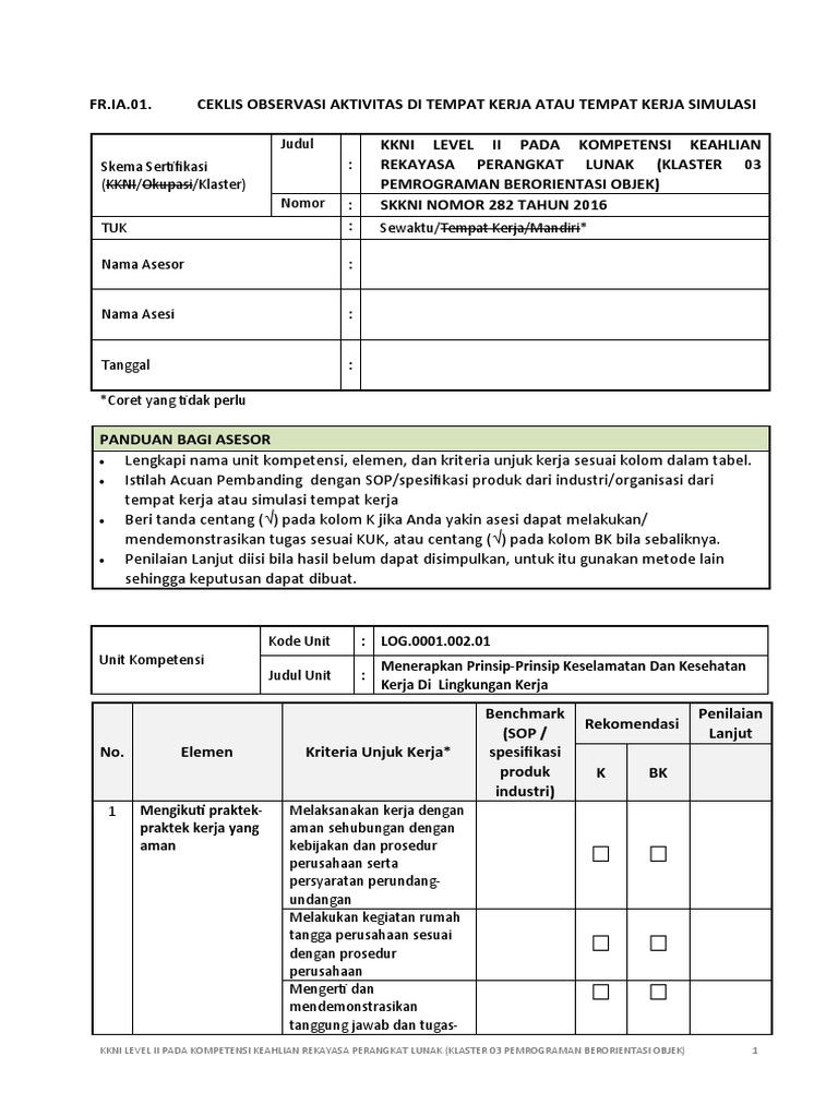 08c FR - Ia.01 Ceklis Observasi Aktivitas Di Tempat Kerja Atau Tempat Kerja Simulasi (Cluster 3 ...
