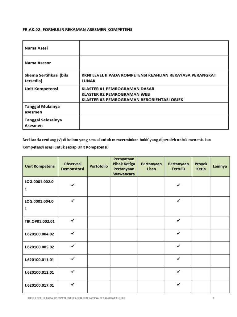 11 FR - Ak.02. Formulir Rekaman Asesmen Kompetensi (Skema) | PDF