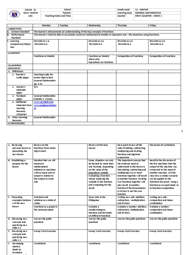DLL General Mathematics | PDF | Function (Mathematics) | Multiplication