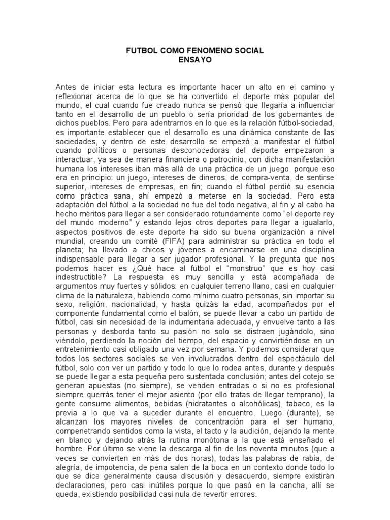 Ensayo Futbol Como Fenomeno Social | PDF | Asociación de Futbol | Deportes