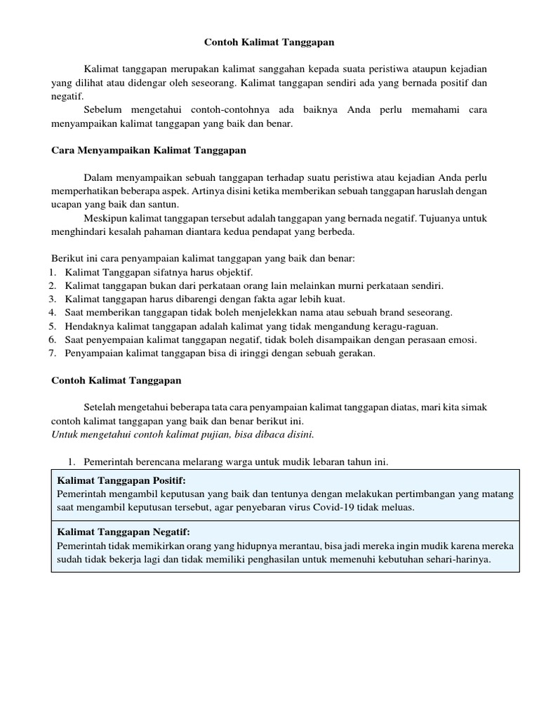 Kelas 9 Contoh Kalimat Tanggapan | PDF