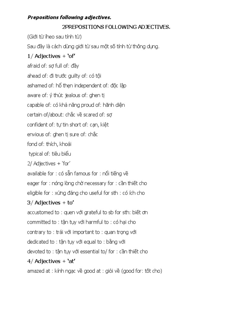 Prepositions Following Adjectives | PDF