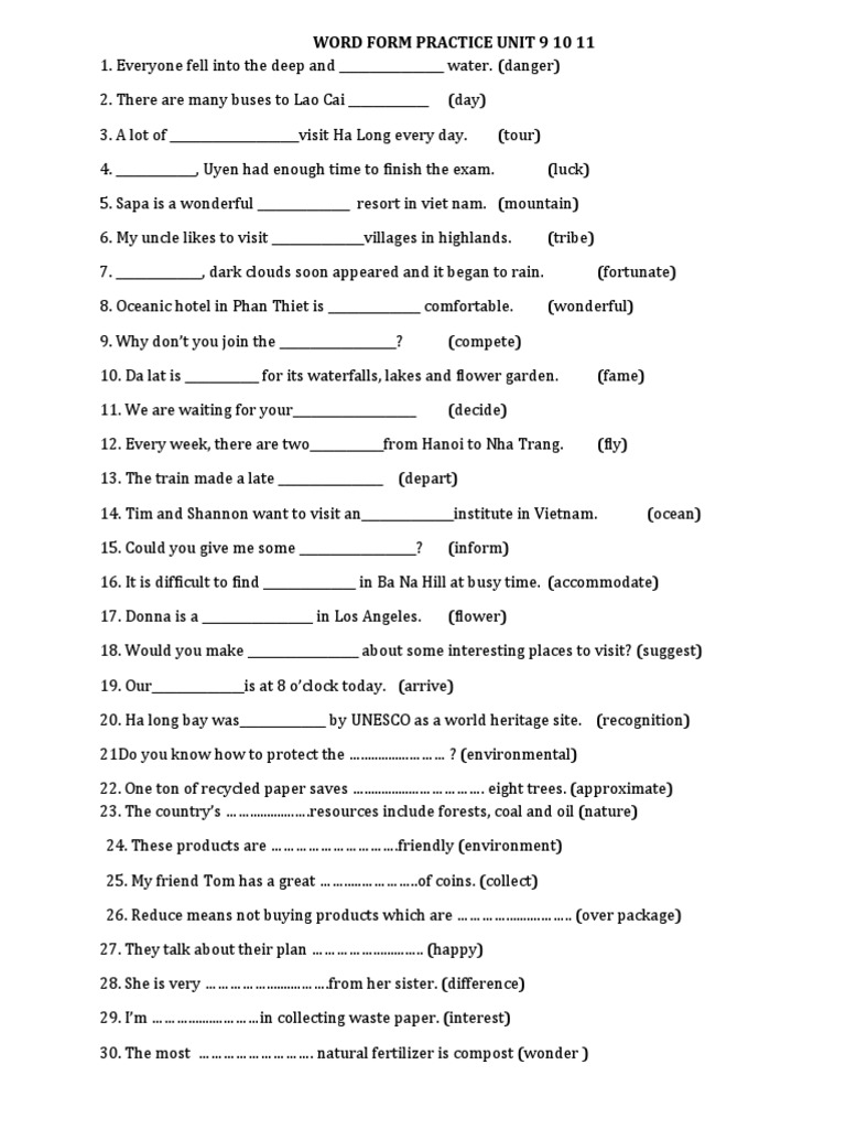 Word Form Practice Unit 9 10 11 | PDF