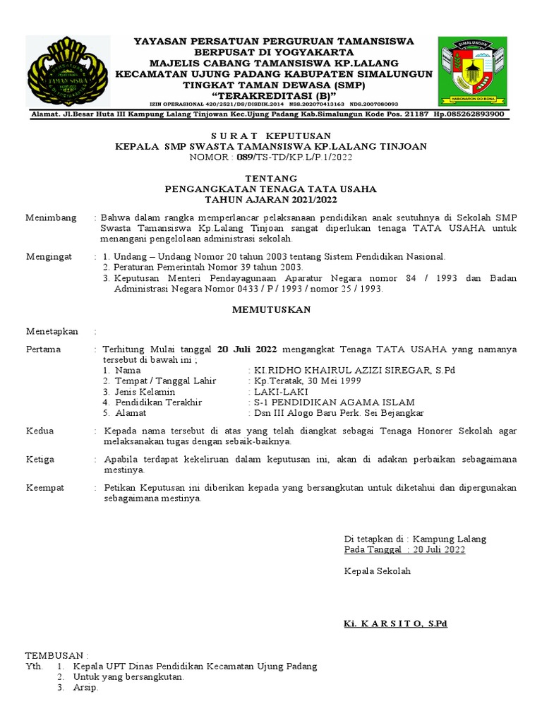 Contoh SK TU Sekolah | PDF