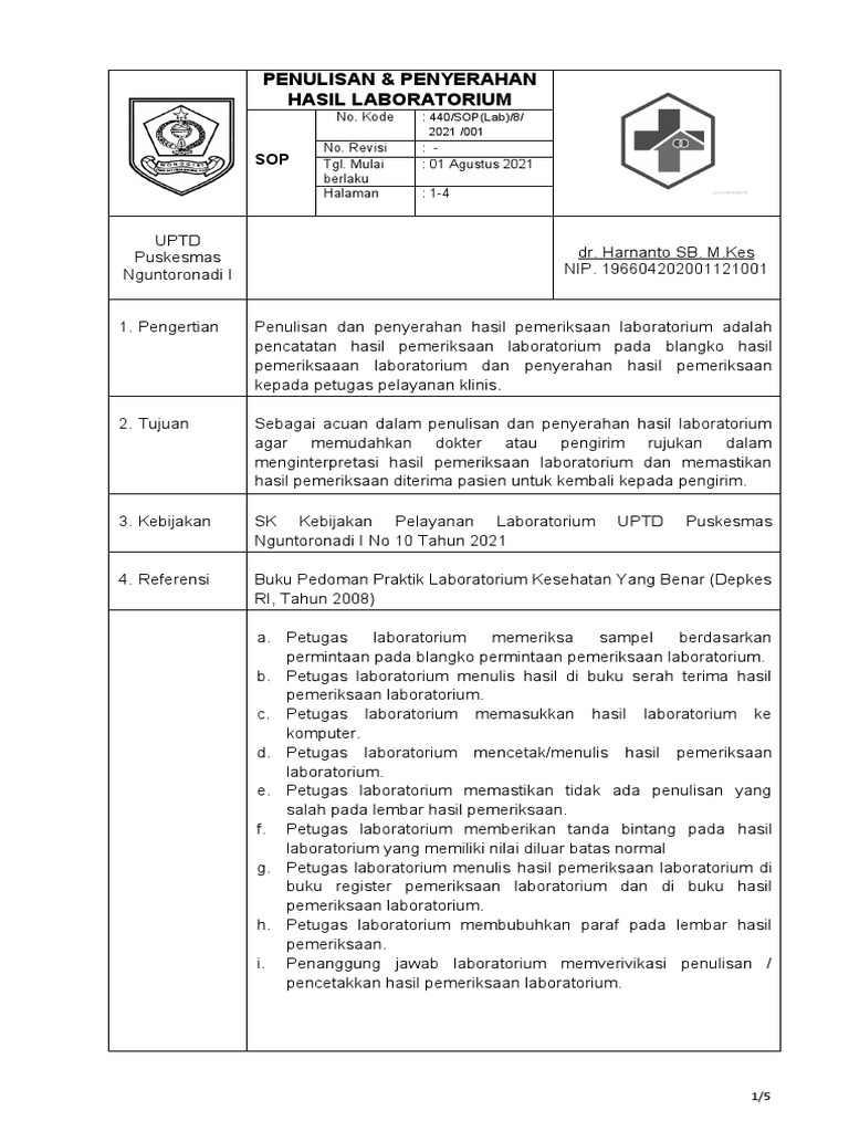 8.1.1.1 Sop Penulisan Dan Penyerahan Hasil Laboratorium 2021 | PDF