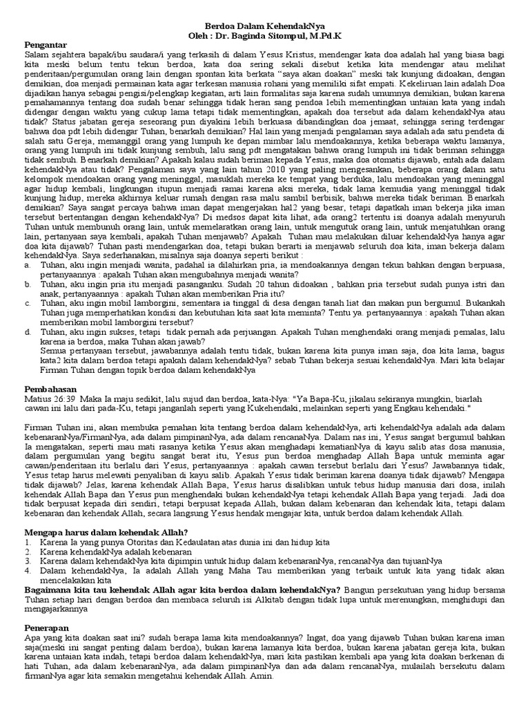 Berdoa Dalam KehendakNya | PDF
