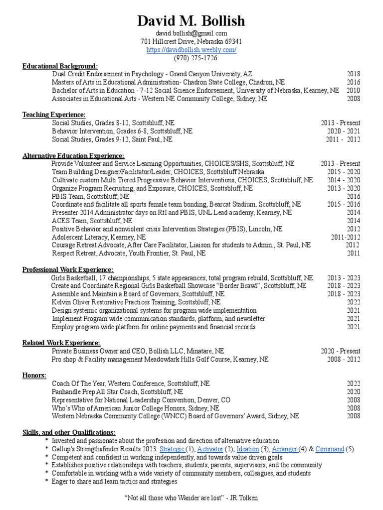 David Bollish Education Resume 2 | PDF | Learning | Behavior Modification