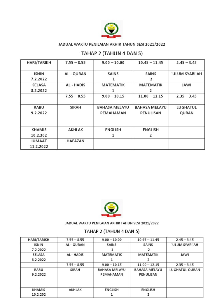 Jadual Waktu Penilaian Akhir Tahun Sesi 2021 Tahun 4 Dan 5 | PDF