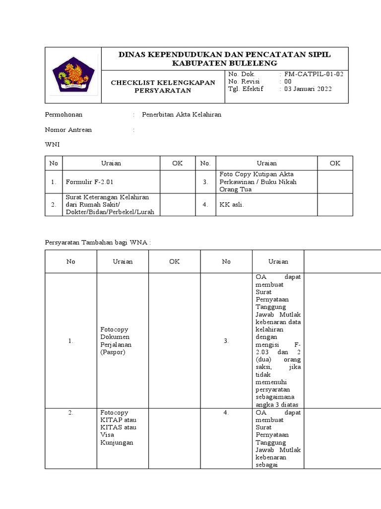 Checklist Persyaratan Akta Kelahiran | PDF