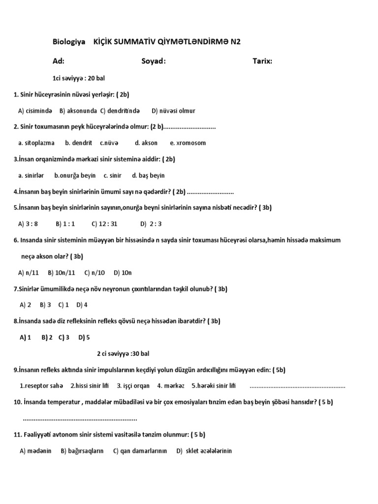 Biologiya 8 Ci Sinif Ki̇çi̇k Summati̇v Qi̇ymətləndi̇rmə n2 | PDF