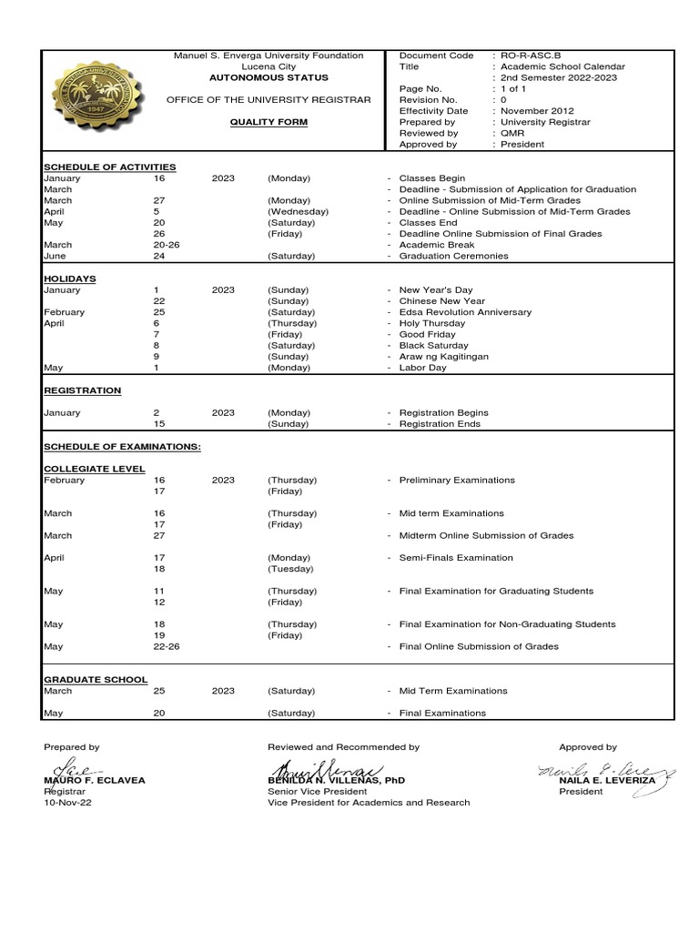 Approved Second Semester Academic Calendar 2022 2023 v3!11!10 2022 ...