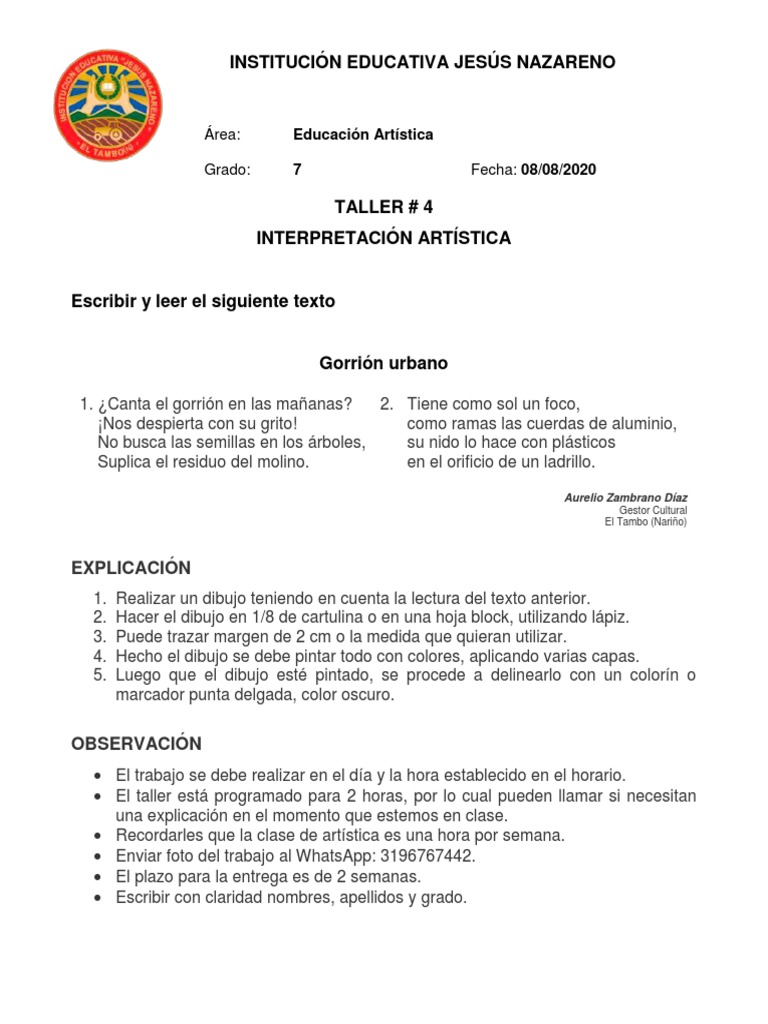 5 Taller Artística Grado 7 | PDF