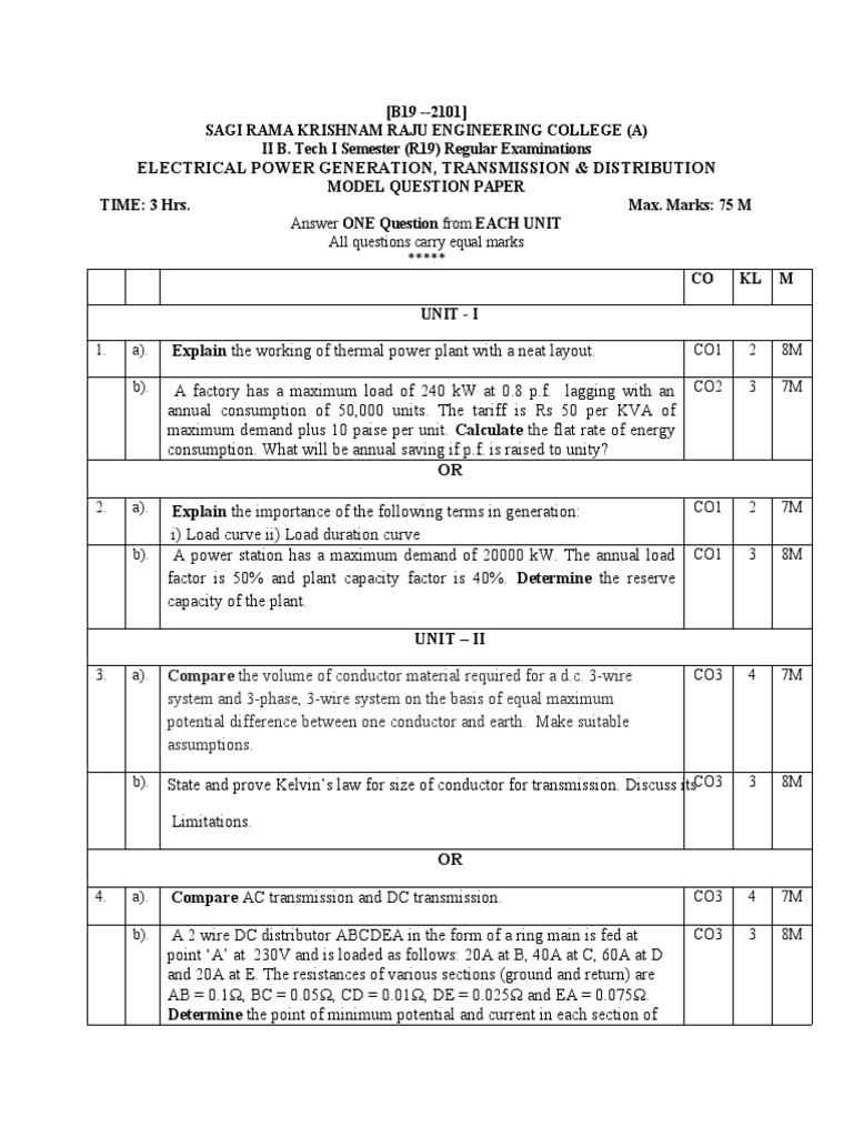 Electrical Power Generation, Transmission & Distribution R19-Model Paper | PDF | Electric Power ...
