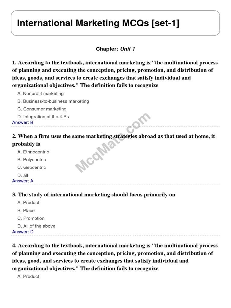 International Marketing Solved MCQs (Set-1) | PDF | Marketing | Market ...