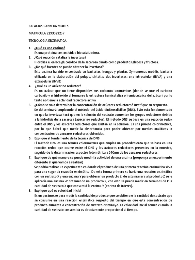 Cuestionario P1 - Palacios Cabrera Moises - Tecno Enzimatica | PDF ...