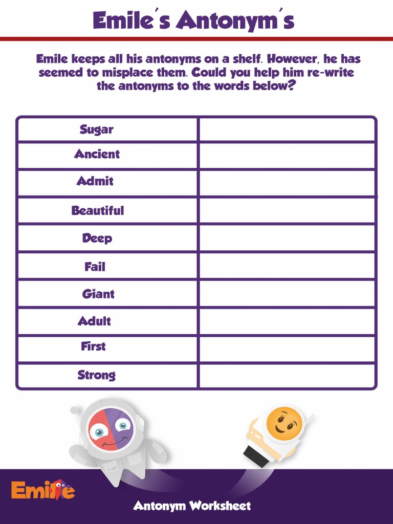 Antonyms With Emile Worksheets | PDF