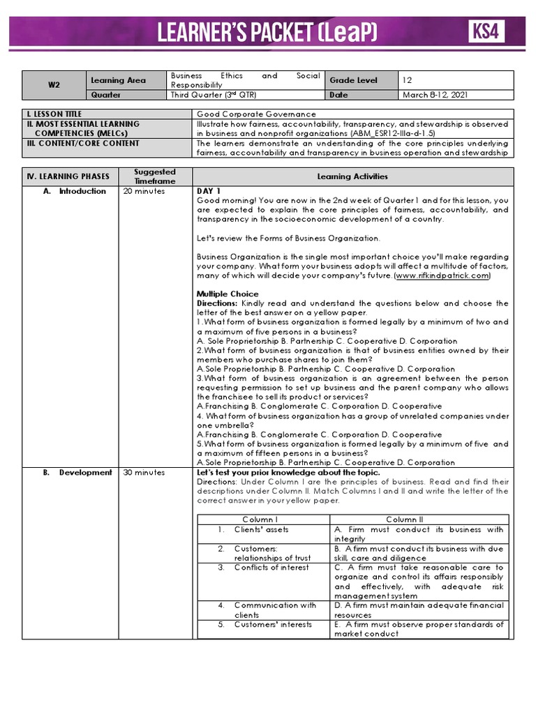 ABM12 Business Ethics Q3 W2 LeaP | PDF | Corporate Governance | Governance