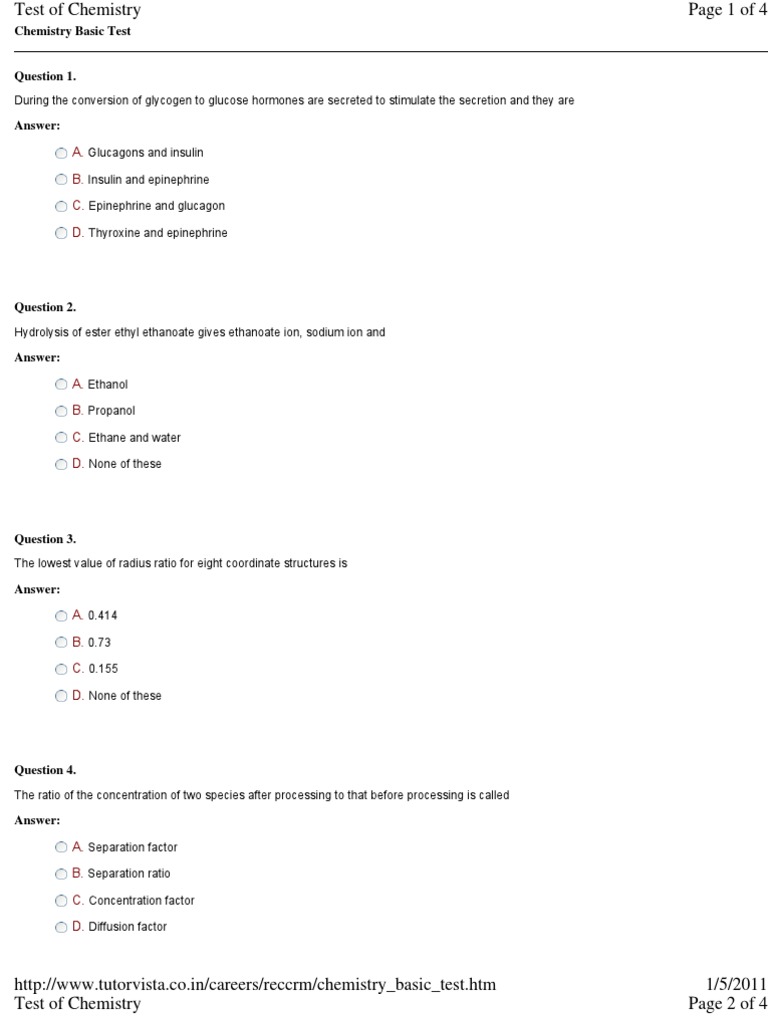 Basic Chemistry Test Questions | PDF | Iron | Crystal Structure