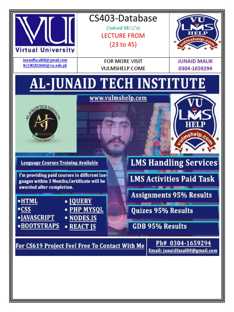 Cs403 Solved Mcqs Final Term by Junaid | PDF | Relational Database | Database Index