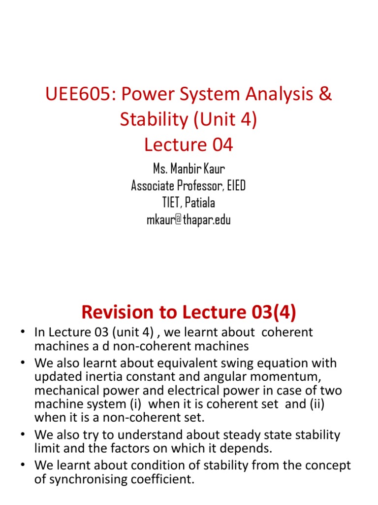 Unit 4 Lecture 05 Transient Stability Assesment With Isturbance Due To Mechanical Power Input ...