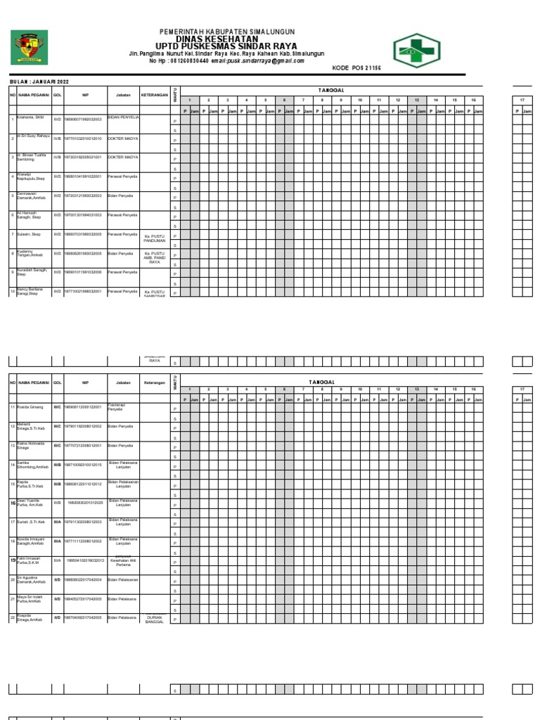 Daftar Hadir Pegawai Puskesmas Sindar Raya | PDF
