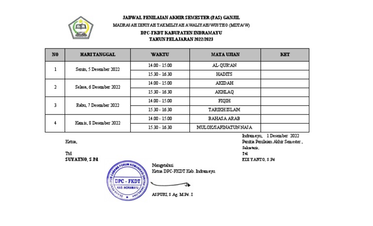 Jadwal Pelajaran Pas Mdta - W TP 2022 - 2023 | PDF