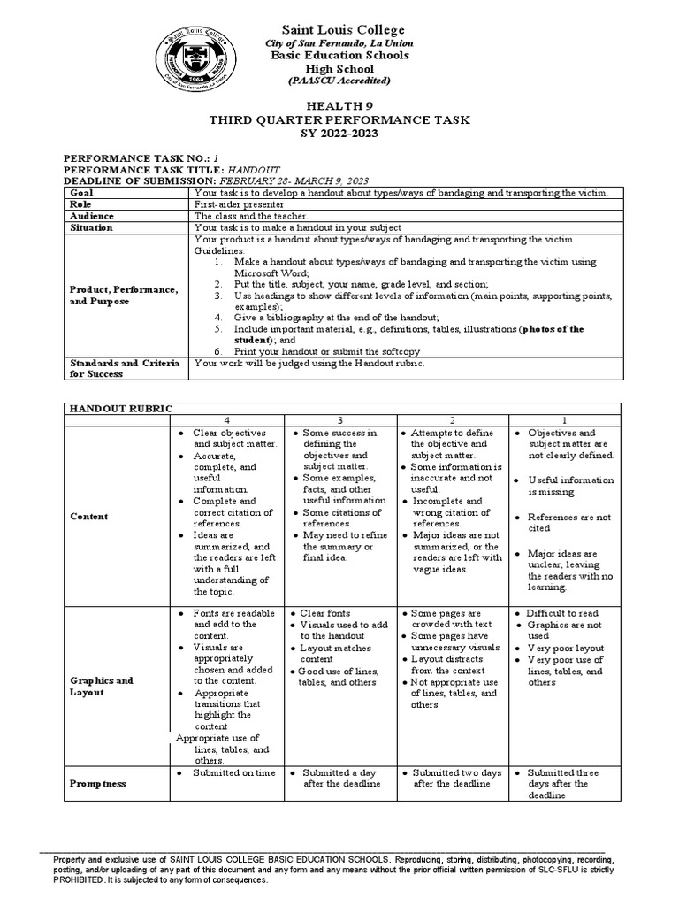 Health 9 Third Quarter Performance Task | PDF | Rubric (Academic) | Page Layout