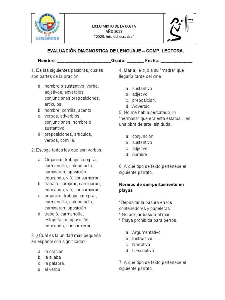 Evaluación diagnóstica de lenguaje - Comprensión lectora | PDF ...