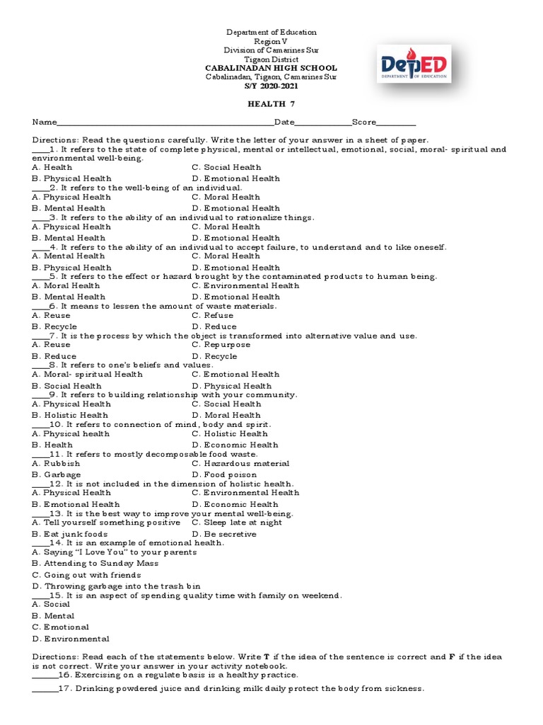 Health 7 Assessment for Students | PDF | Mental Health | Waste