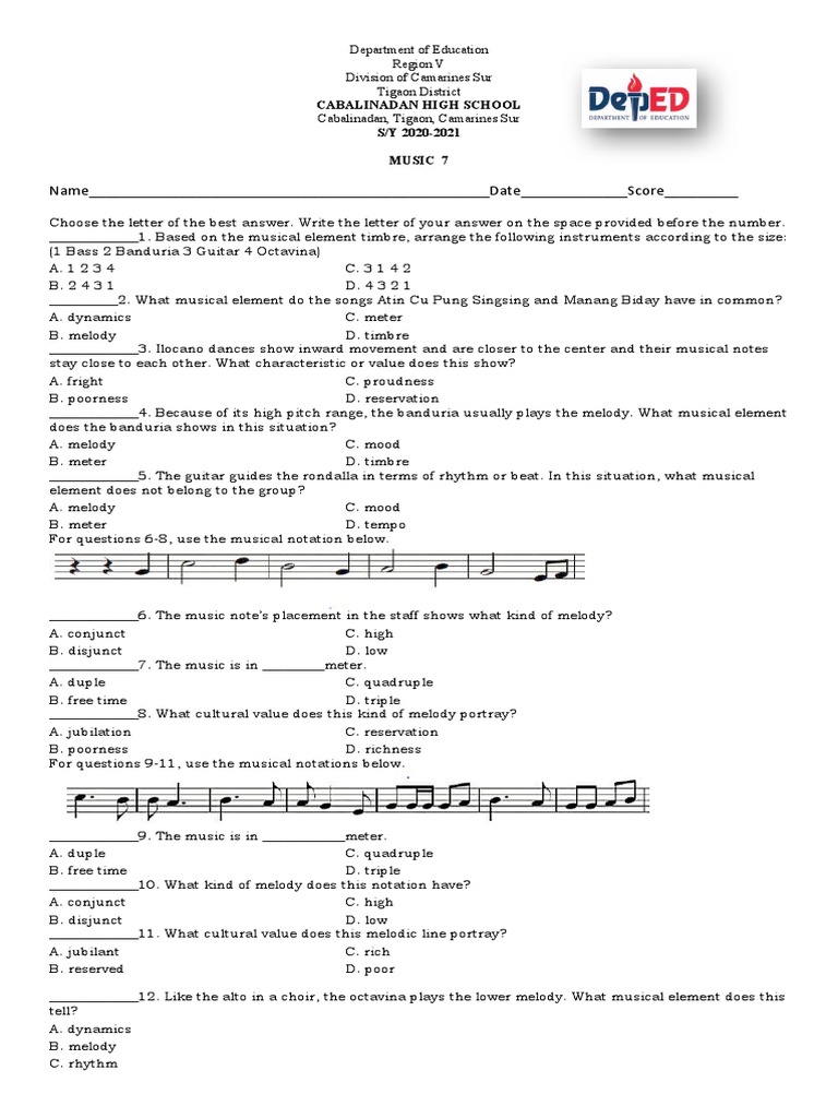Music 7 Summative Test | Download Free PDF | Folk Music | Musical Notation