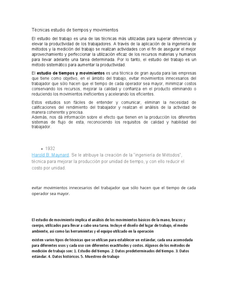 Técnicas Estudio De Tiempos Y Movimientos Pdf Ingeniería Hora