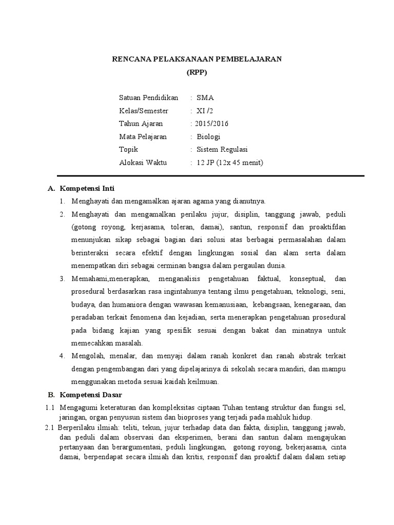 RPP Sistem Regulasi | PDF | Pengembangan Diri