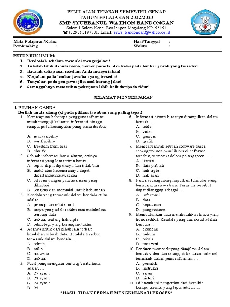 Naskah Soal TIK PTS GENAP 2022-2023 Firdaus | PDF