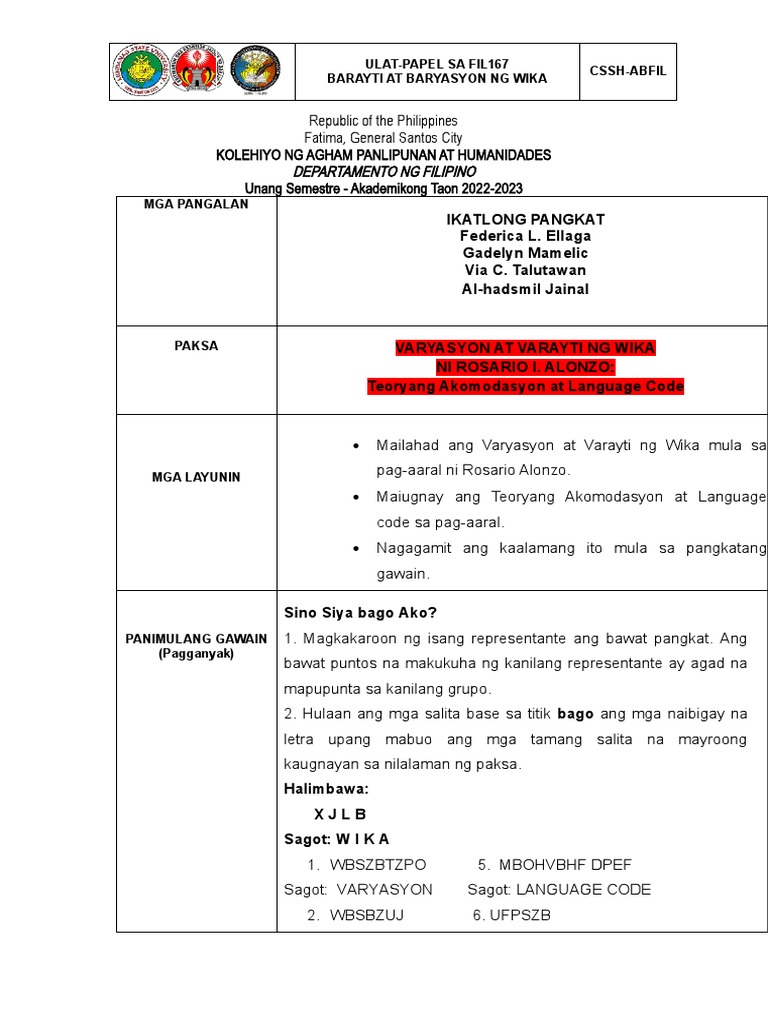 Ulat Papel Sa Filipino 167 Ikatlong Pangkat | PDF