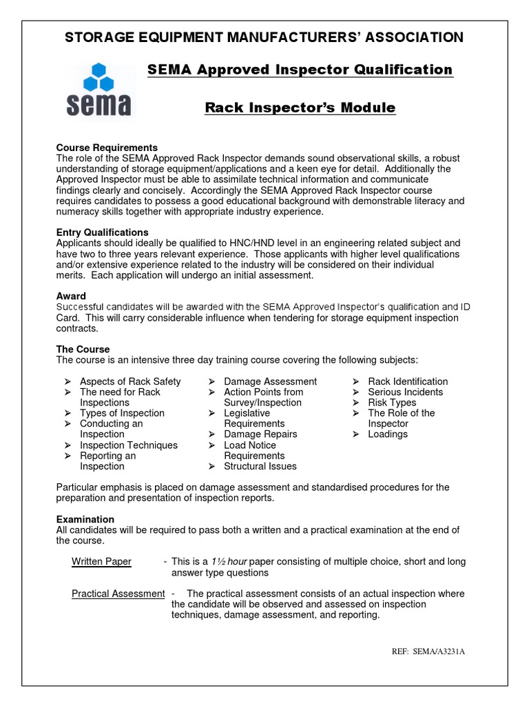SEMA Rack Inspector Course Guide | PDF | Professional Development